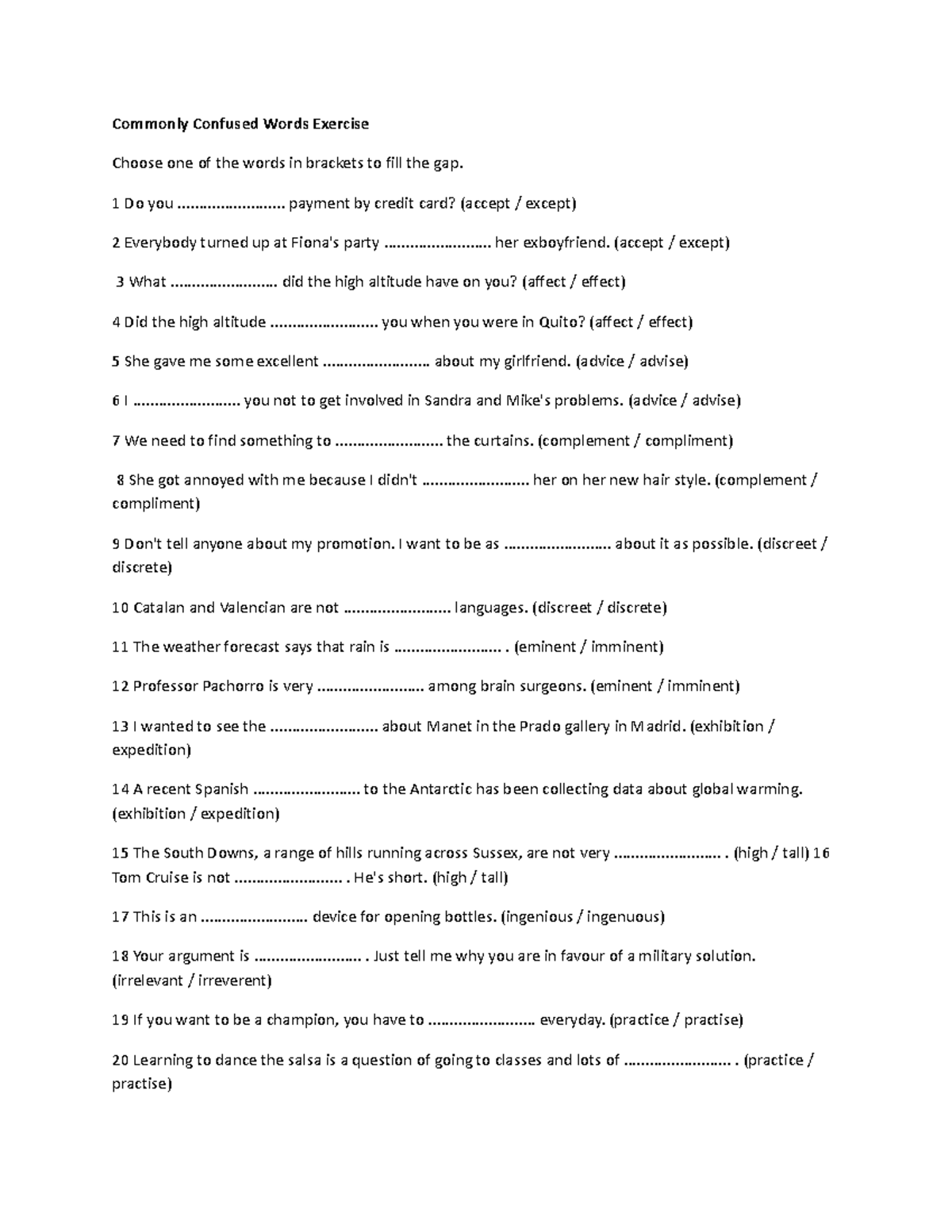 Commonly Confused Words Exercise: Fill in the Blanks Practice - Studocu
