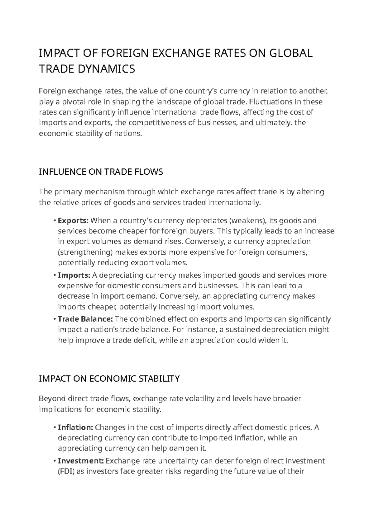 Foreign Exchange Rates and Their Impact on Global Trade Dynamics - Studocu