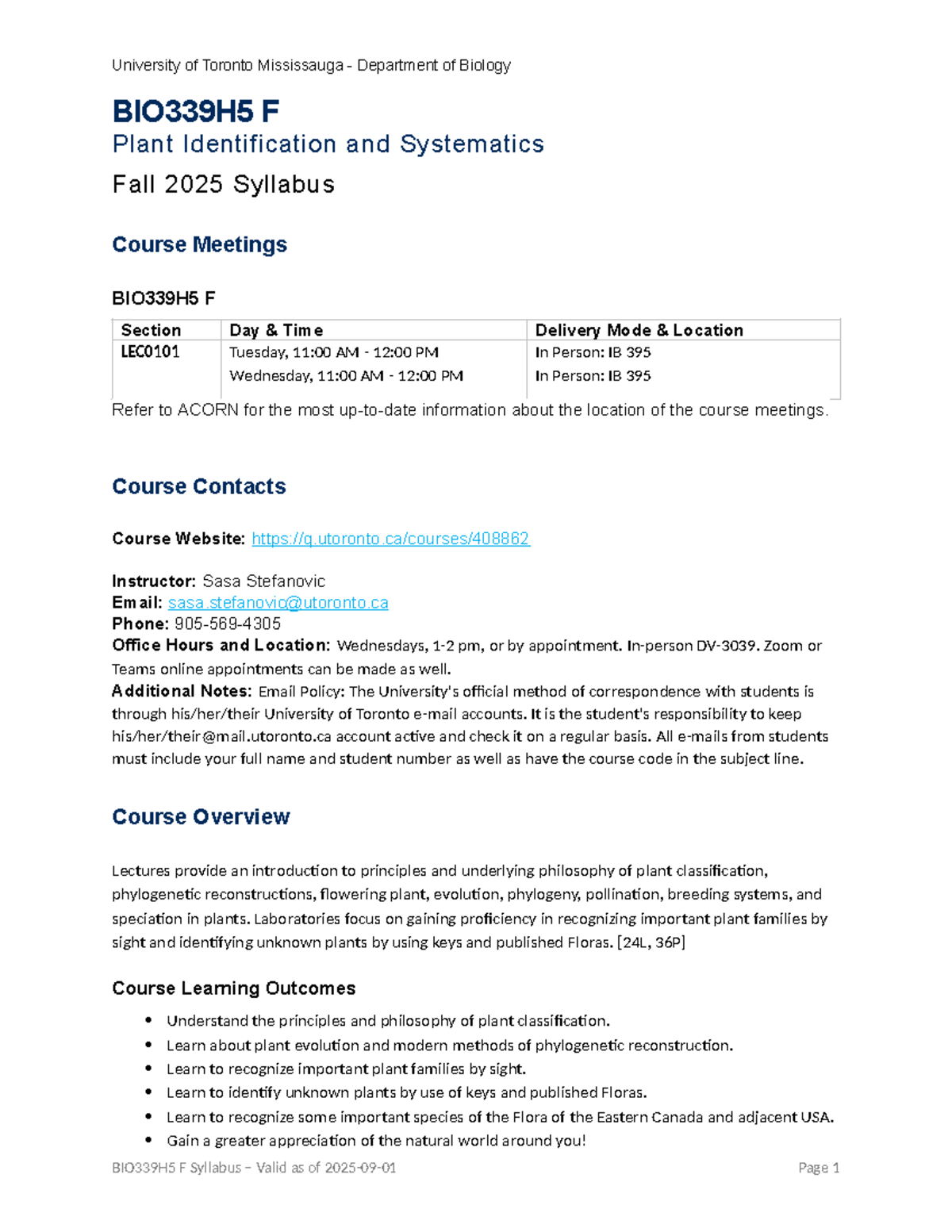 BIO339H5 F Plant Identification and Systematics Fall 2025 Syllabus ...