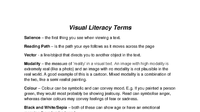Visual Literacy Terms Glossary: Key Concepts Explained - Studocu