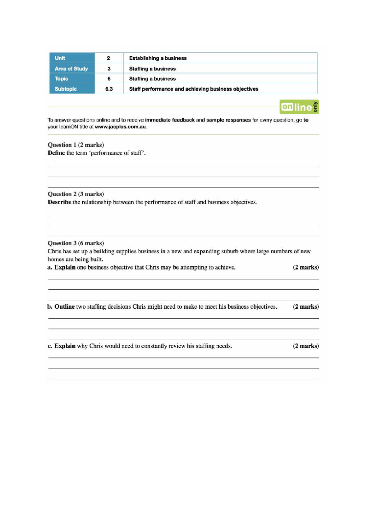 Unit 2 Area of Study 3: Exam Qs on Staff Performance & Business ...
