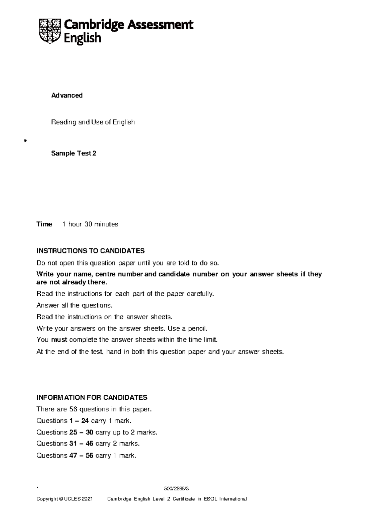 C1 Advanced Sample Paper 2: Reading and Use of English Exam Guide - Studocu