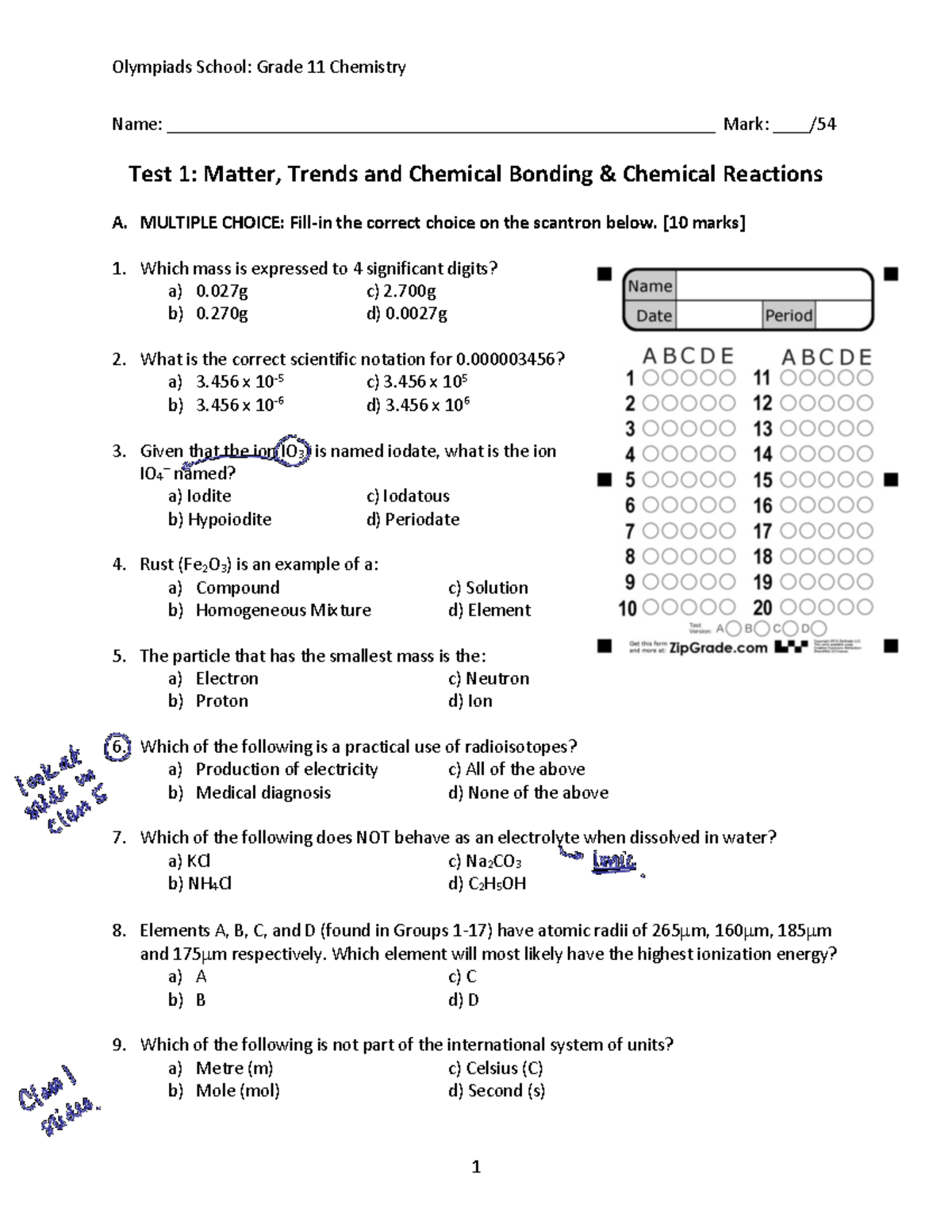 G11 Chemistry - Class 6 Test: Matter, Trends & Chemical Bonding - Studocu