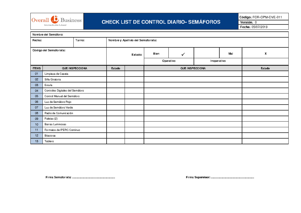 FOR-OPM-OVE-011 Check List de Control Diario - Semáforos - CHECK LIST ...