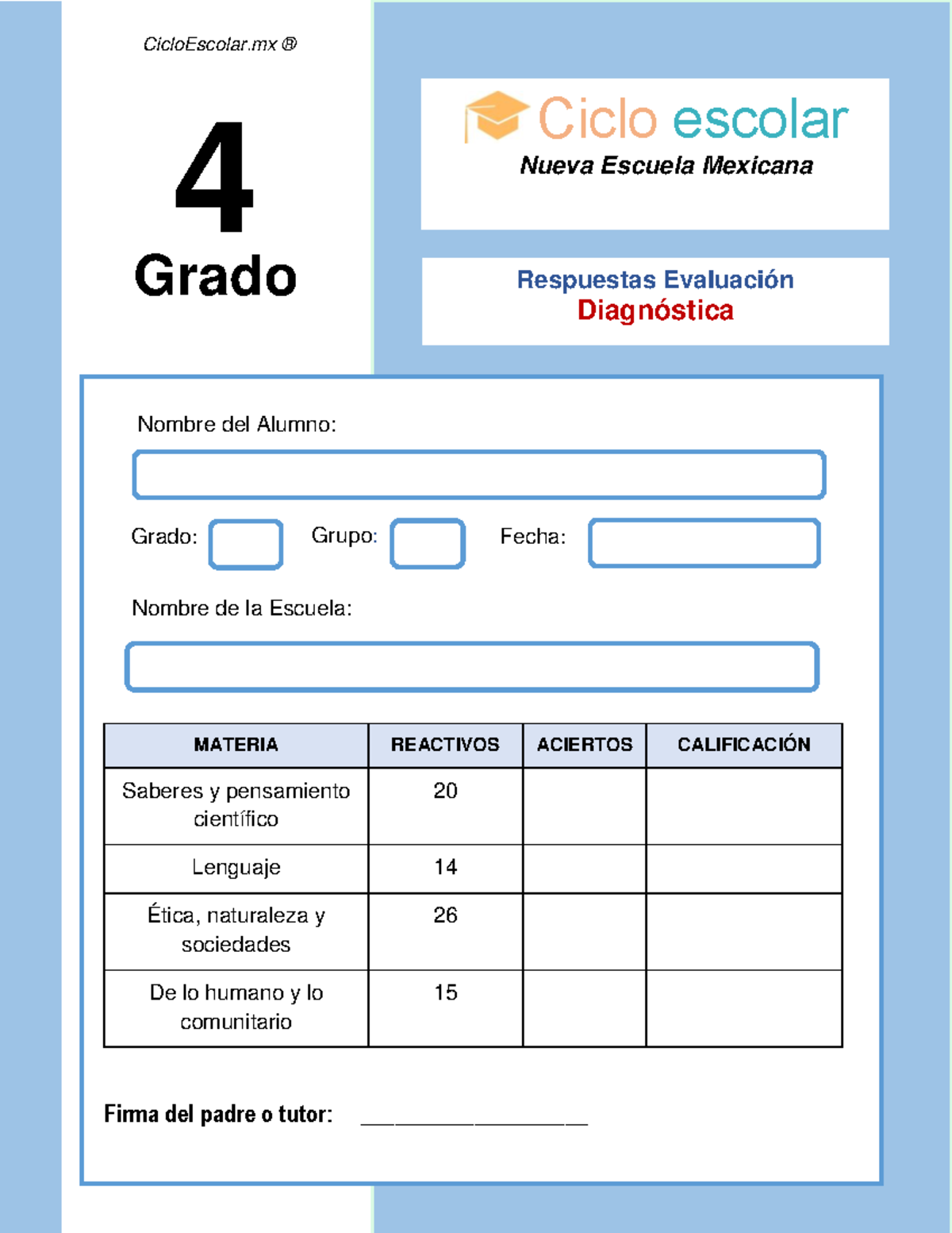 Examen Diagnóstico 4° Grado: Respuestas de Saberes y Ética - Studocu
