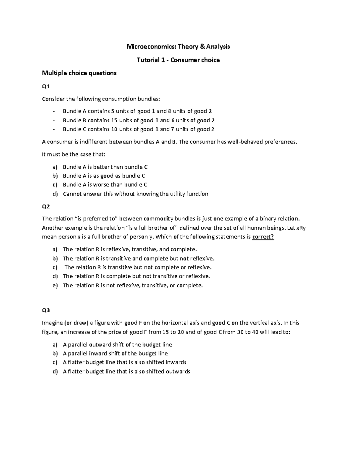 Microeconomics Tutorial 1: Consumer Choice & Preferences Analysis ...