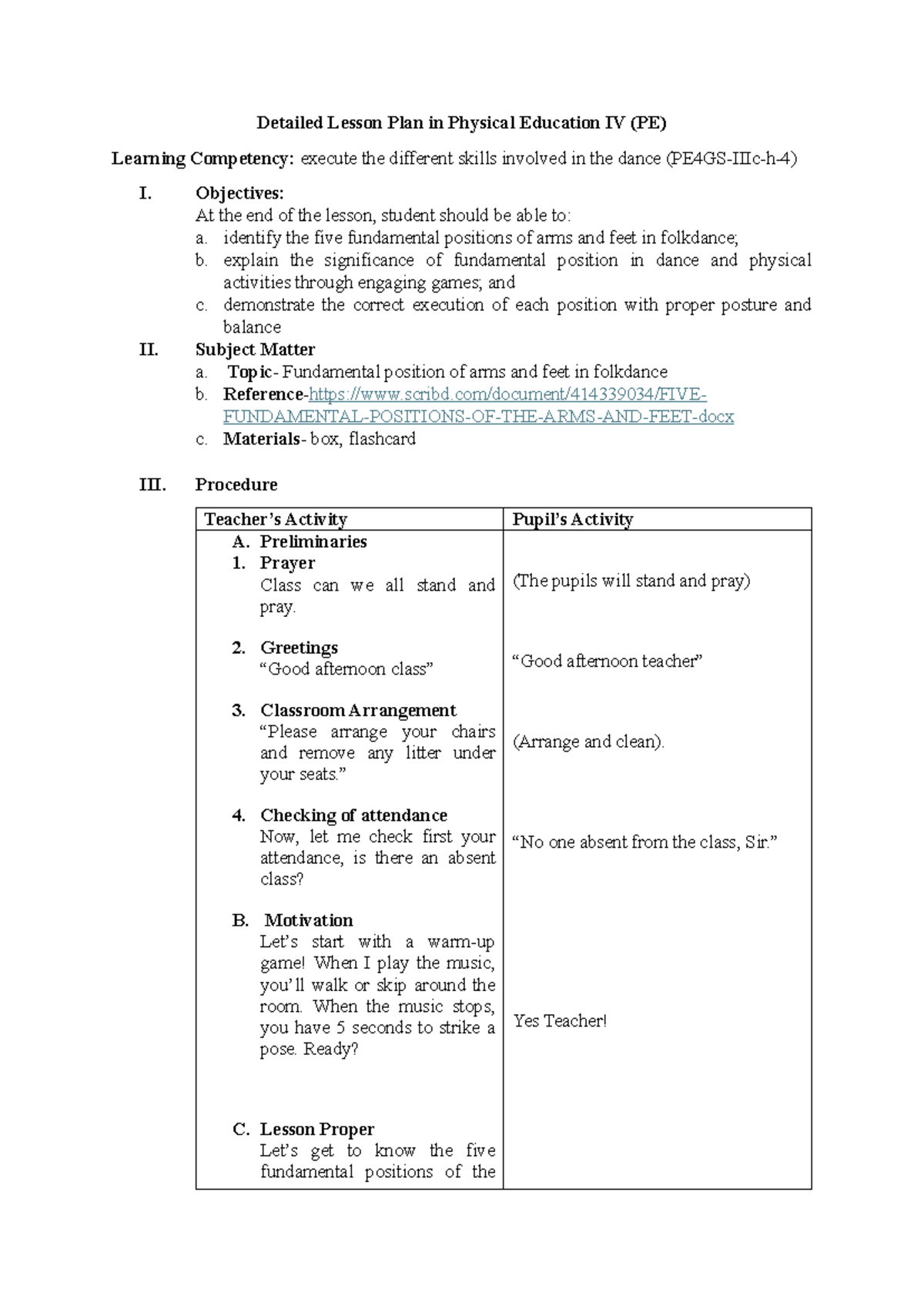 Detailed Lesson Plan: Fundamental Dance Positions in PE IV - Studocu