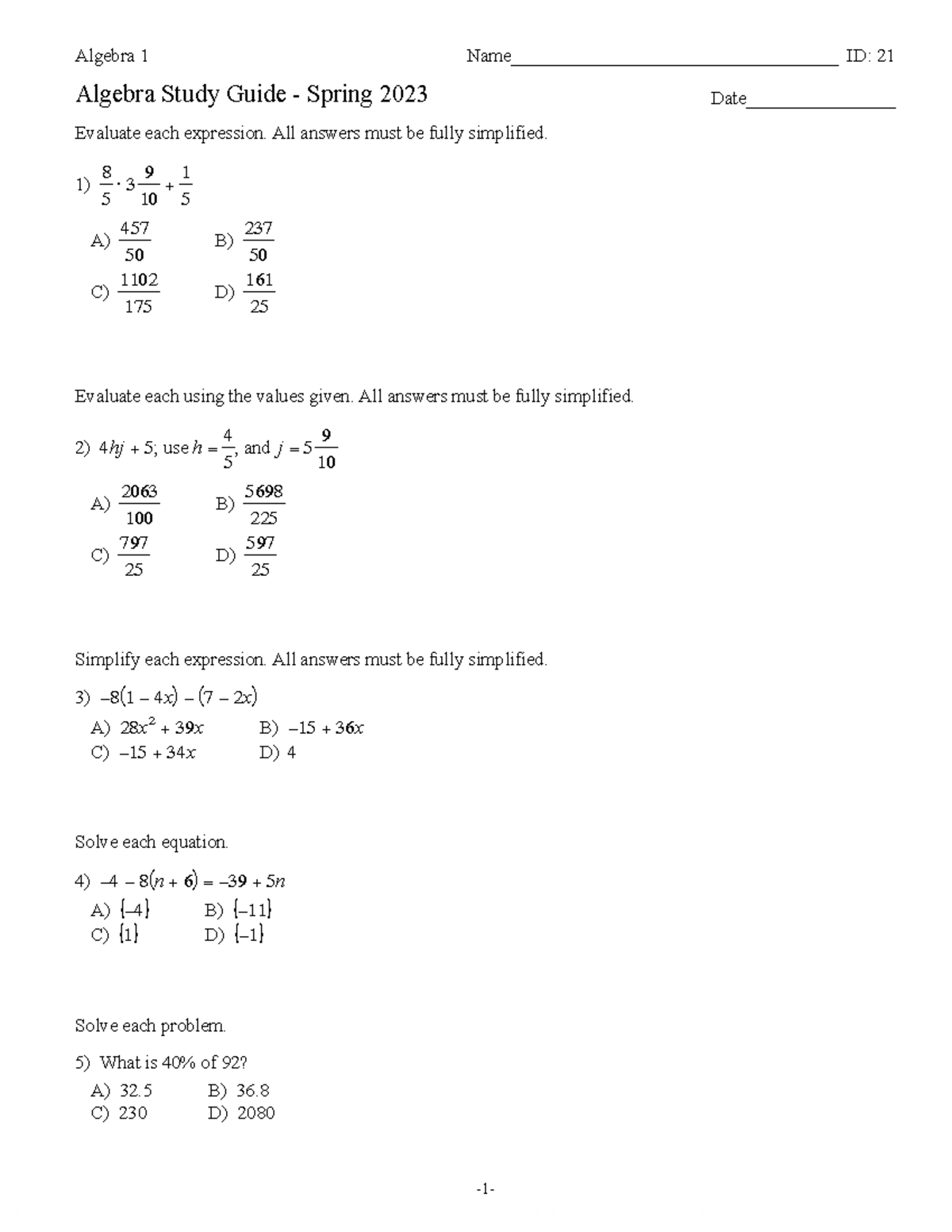 Algebra Study Guide - Spring 2023 - ©U Z 2 c 0 v 2 _ 3 v yKOuYtYao ...