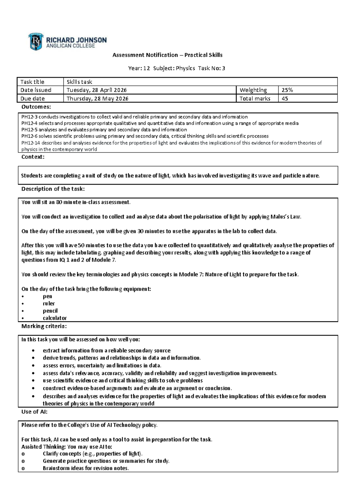 AT3 Physics Skills Task Notification: Nature of Light Assessment 2026 ...