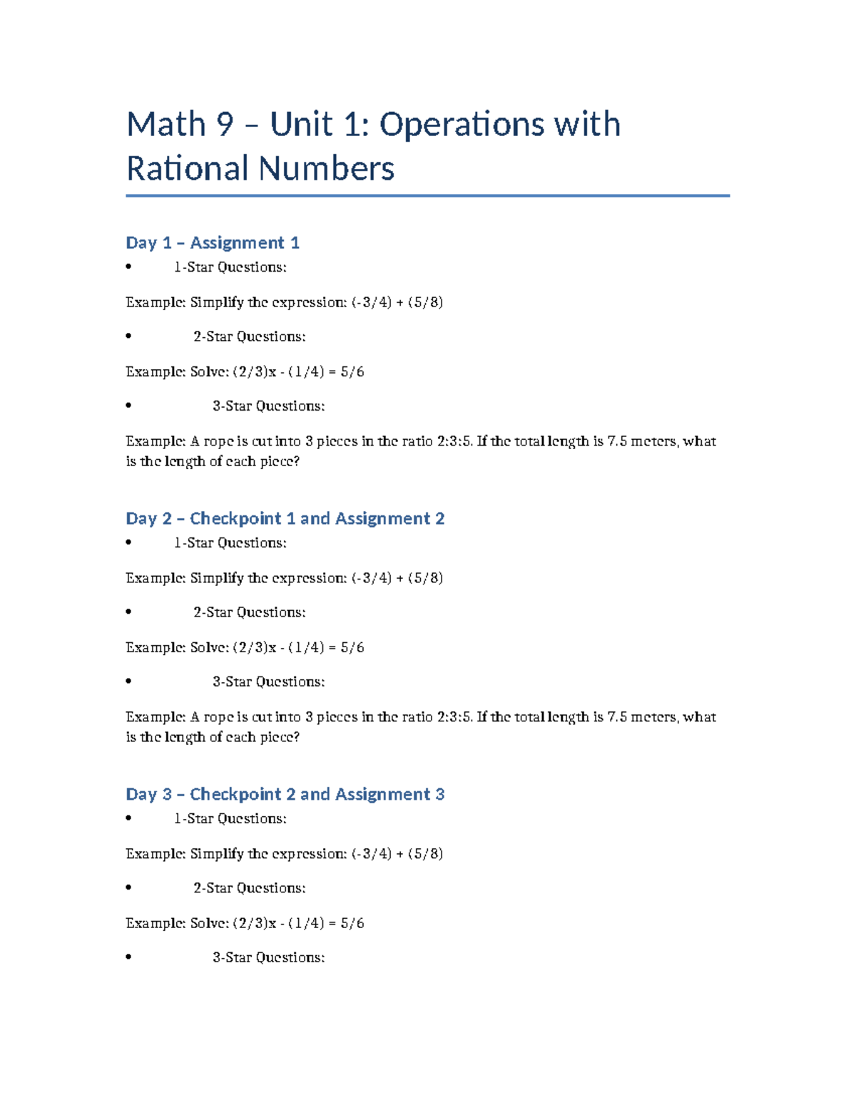 Math 9 Unit 1: Operations with Rational Numbers Lesson Plan - Studocu