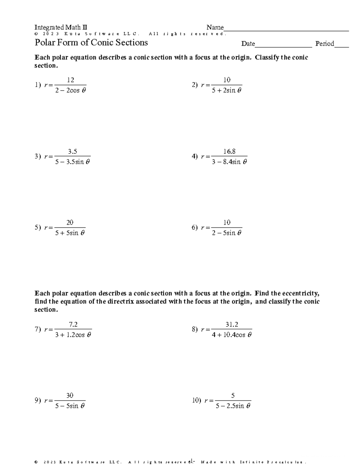 Integrated Math II: Worksheet on Polar Form of Conics - Studocu