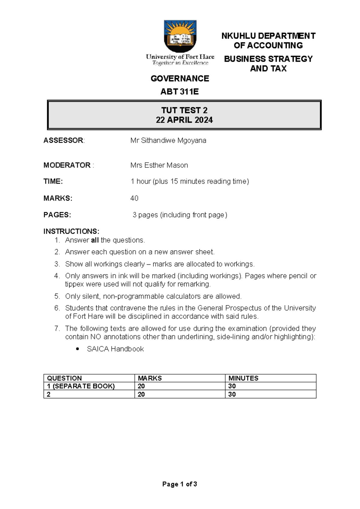 TUT TEST 2 - Practice Questions for ABT 311E on 22 April 2024 - Studocu