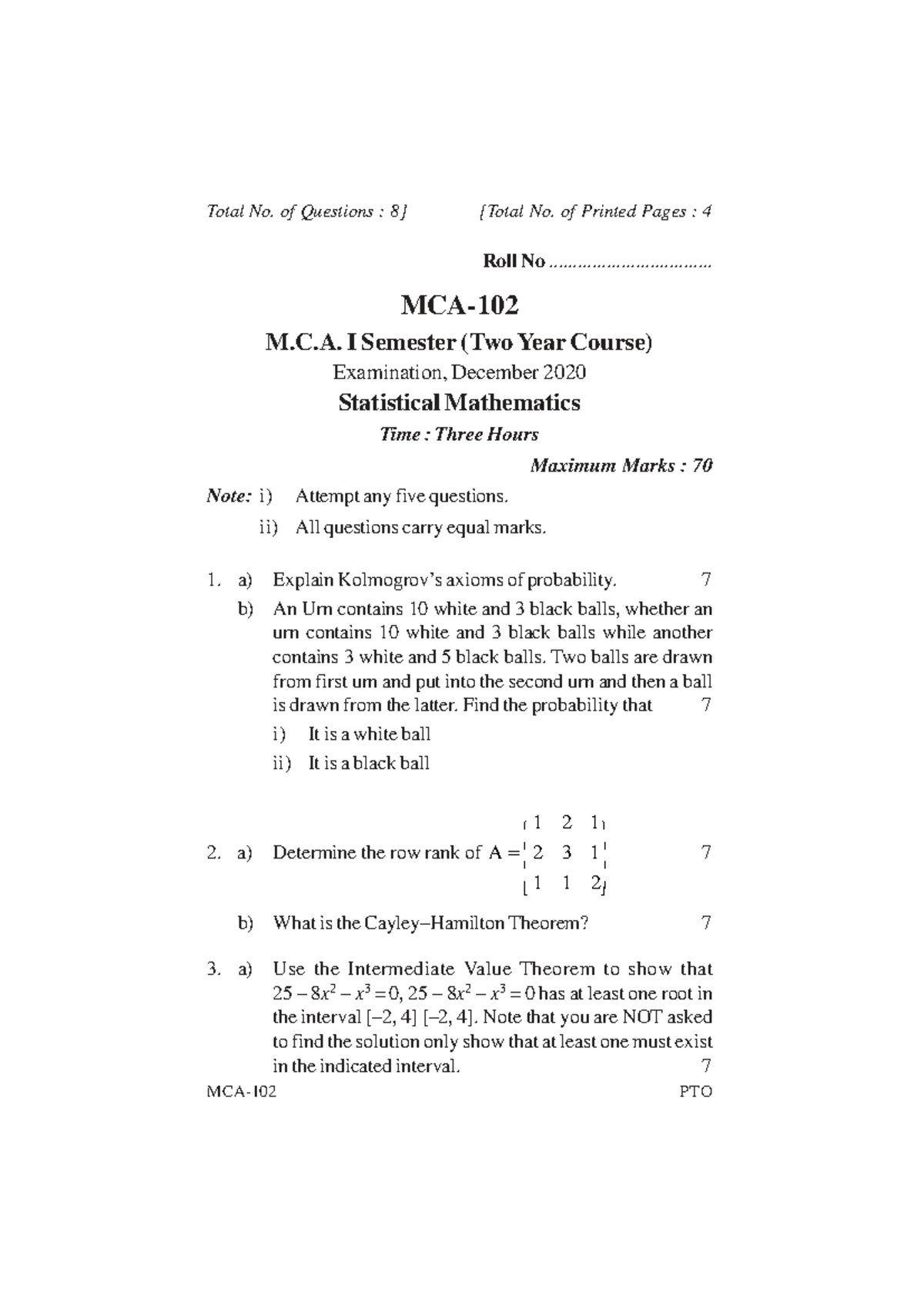 M.C.A. I Sem Exam Dec 2020: Statistical Mathematics Questions - Studocu