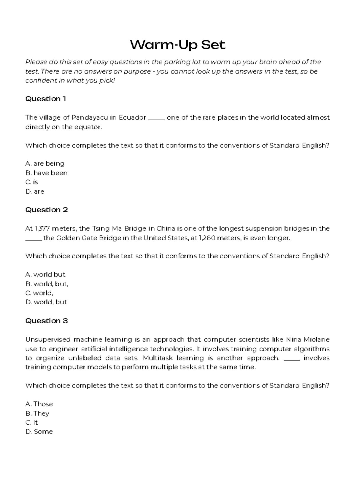 Warm-Up Set of Easy Questions for Test Prep - DEWF - Studocu