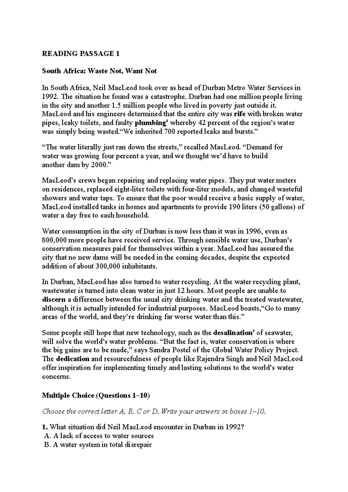 TEST - READING PASSAGE 1: Water Conservation in Durban, South Africa ...