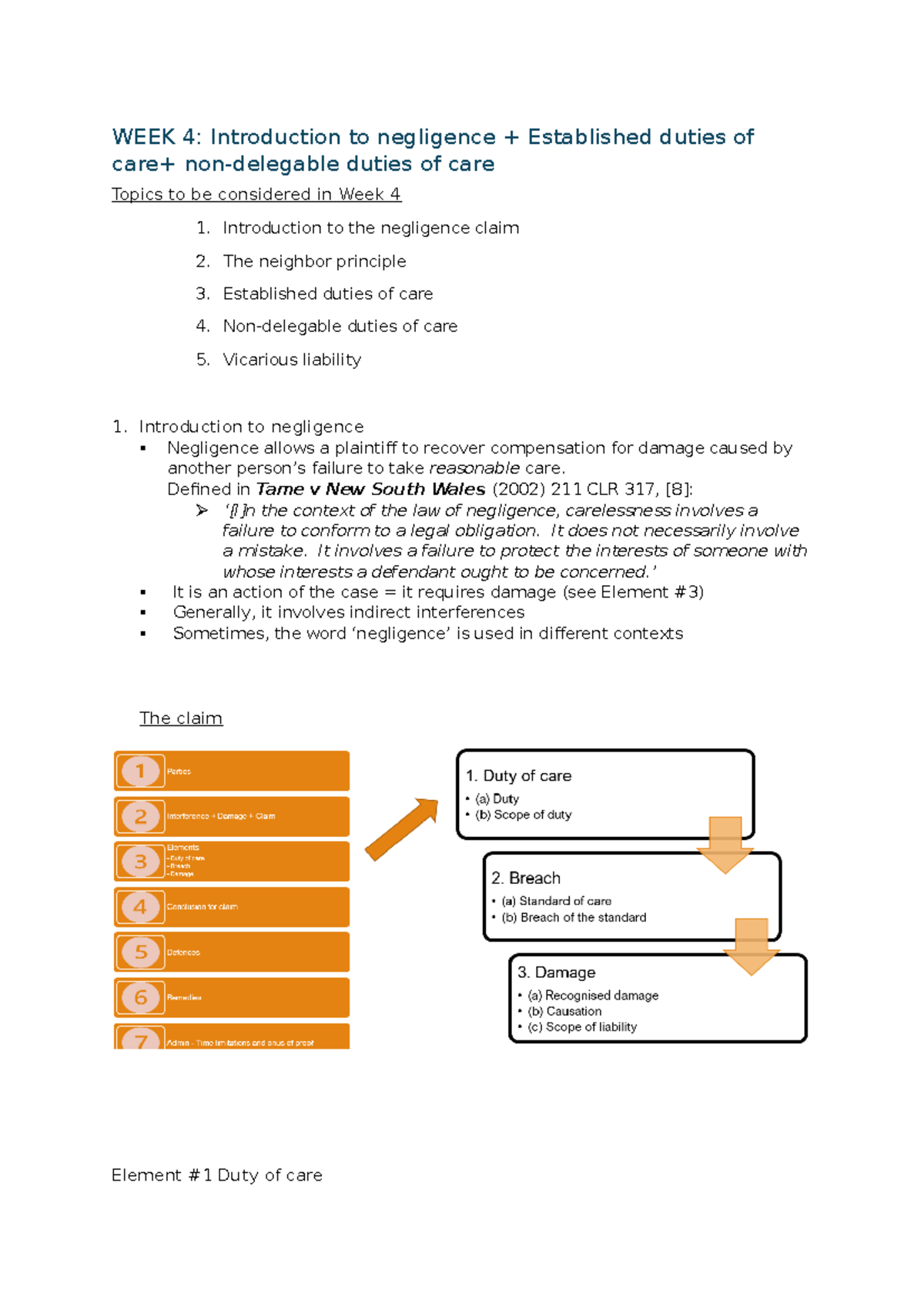 WEEK 4 Negligence: Duty of Care & Non-Delegable Duties Overview - Studocu