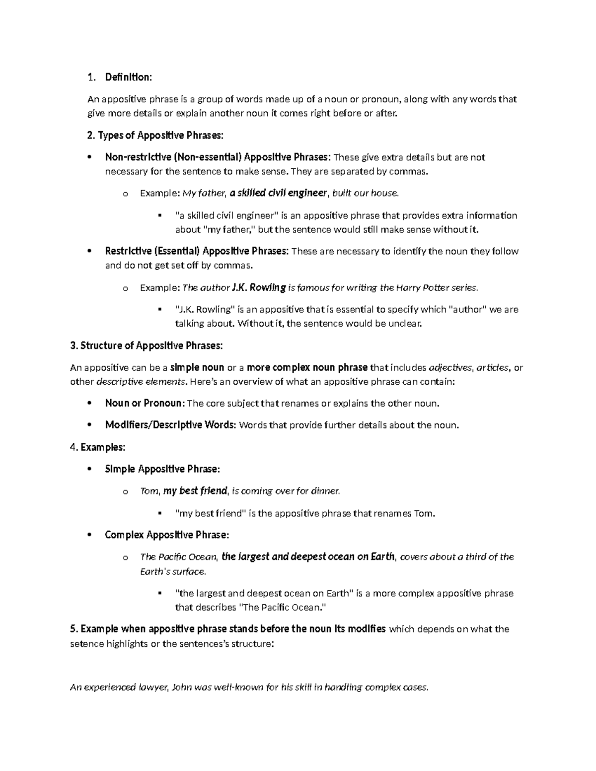 Appositive Phrases: Definition, Types, and Examples Exercise - Studocu