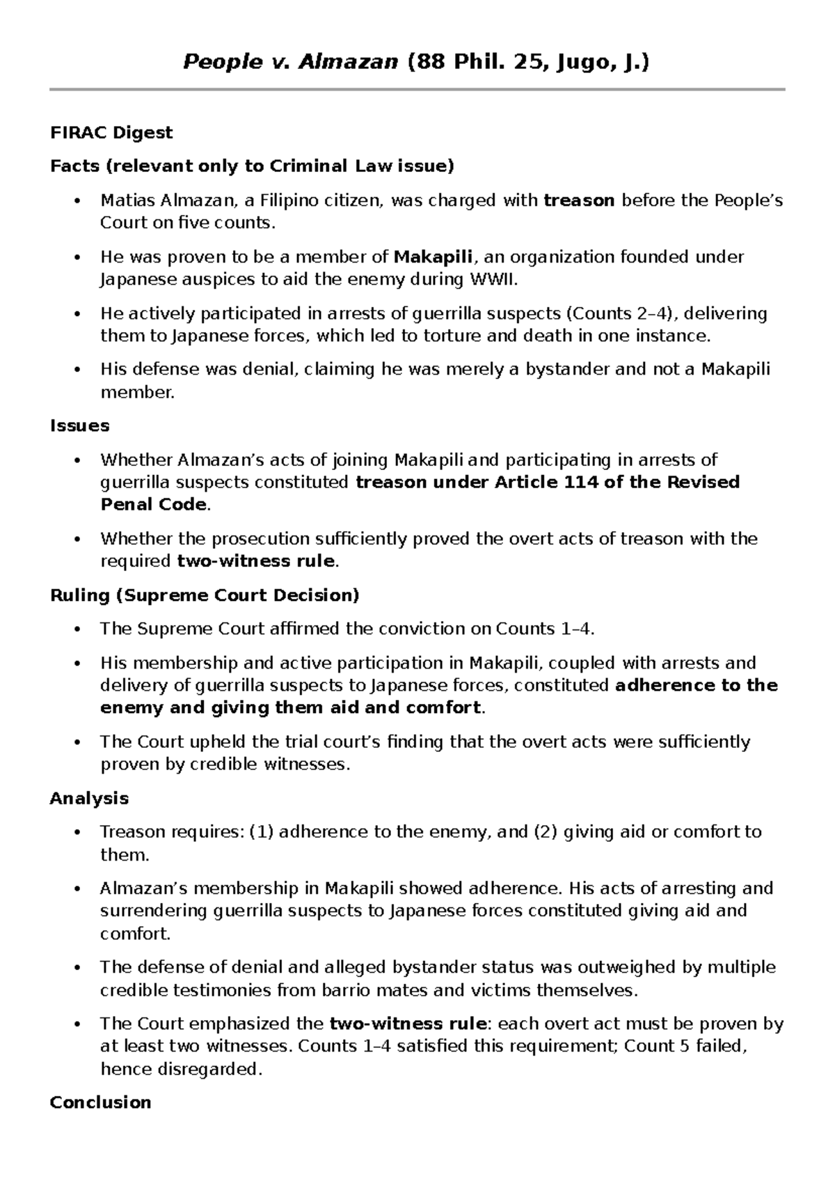 People v. Almazan (88 Phil. 25) - Treason FIRAC Analysis and Ruling ...