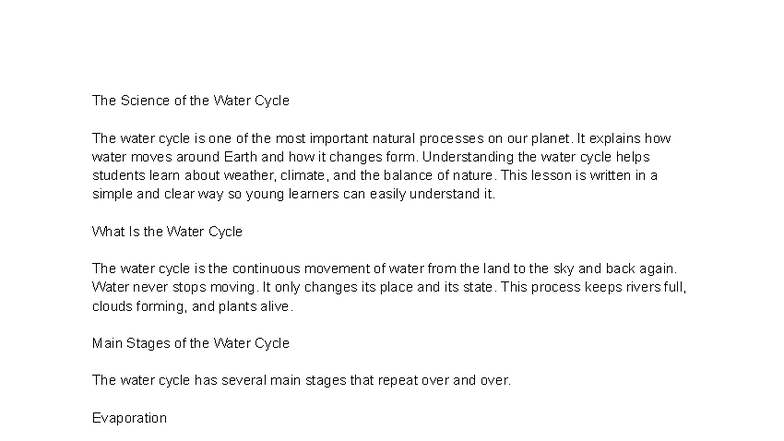 Understanding the Water Cycle: A Lesson for Young Learners - Studocu