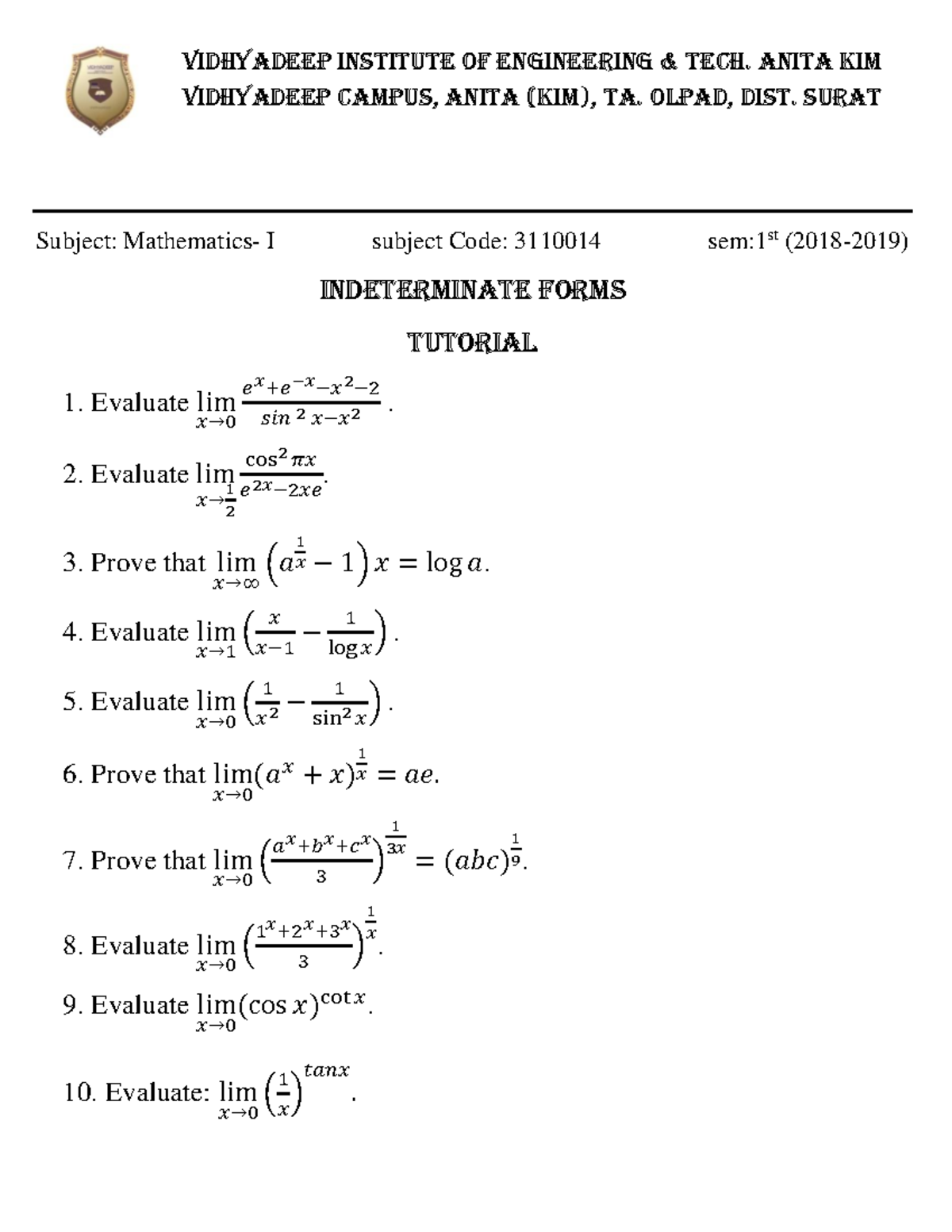 Indeterminate Forms Tutorial - I (Code: 3110014) Assignment 3 - Studocu