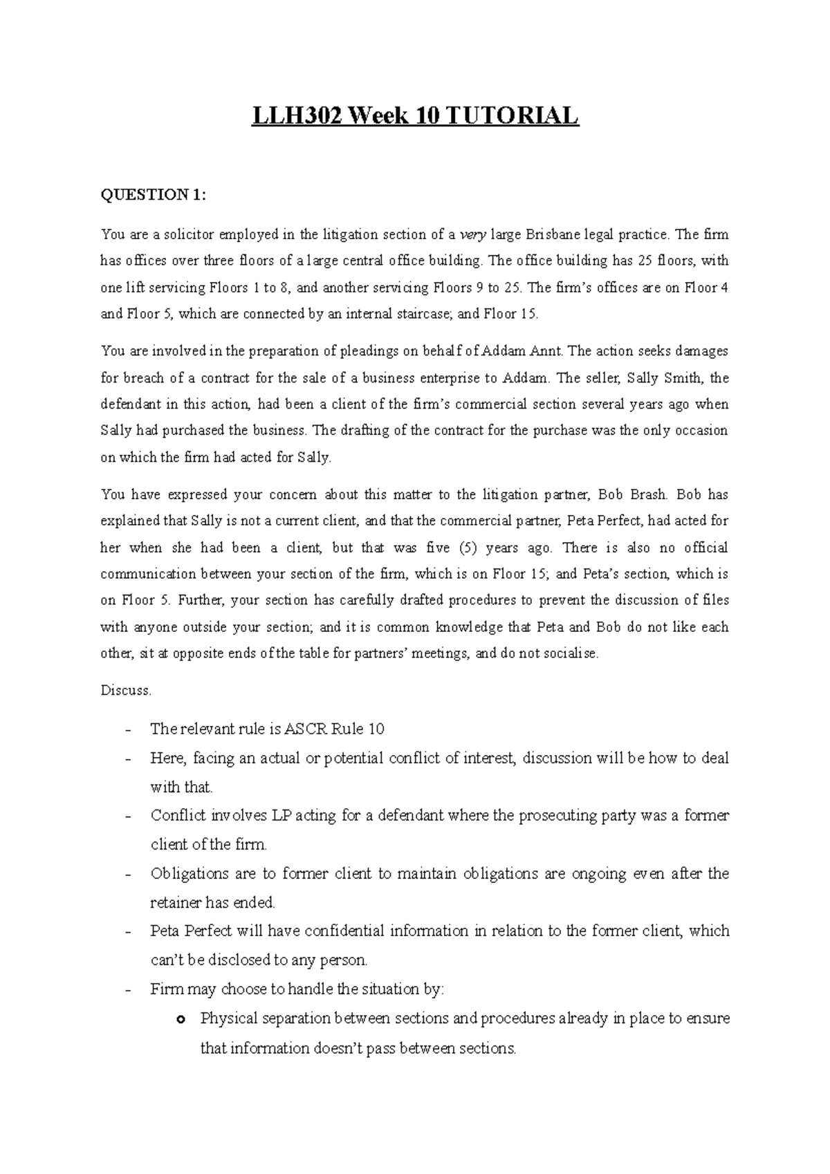 LLH302 W10 Tutorial - LLH302 Week 10 TUTORIAL QUESTION 1: You are a ...