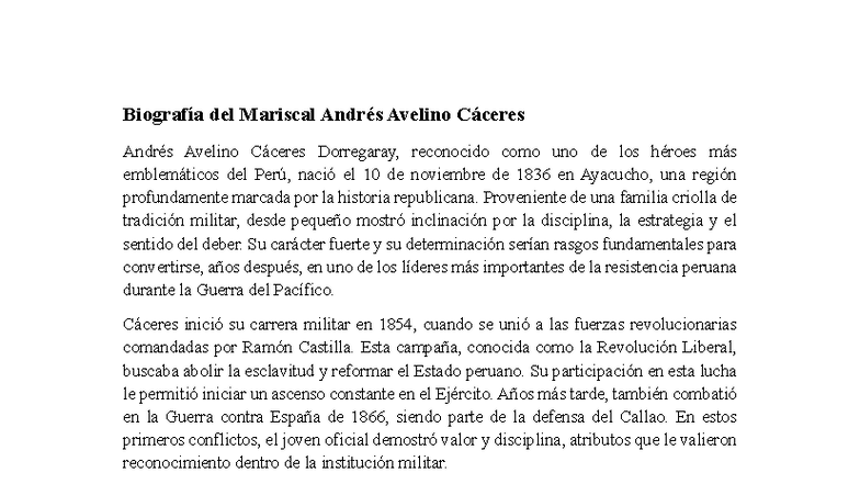 Biografía del Mariscal Andrés Avelino Cáceres: Héroe Peruano - Studocu