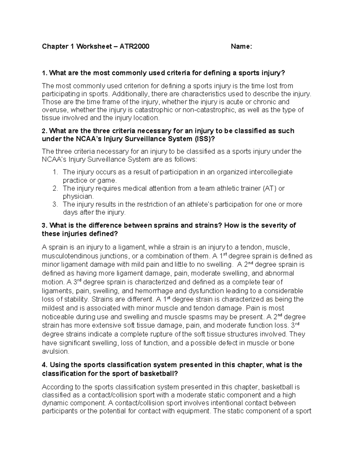 Chapter 1 Worksheet: Defining Sports Injuries and Classifications - Studocu
