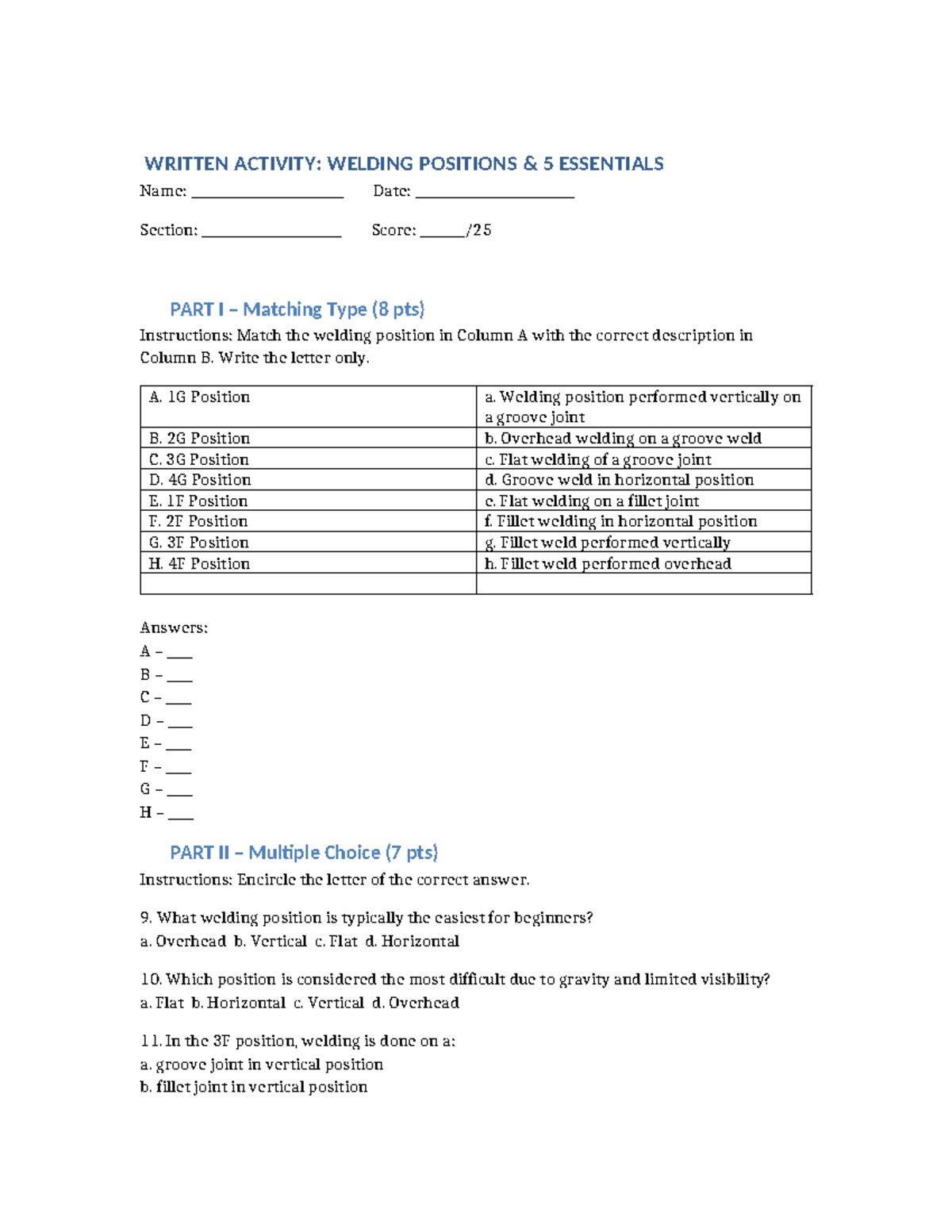 Welding Positions and Essentials Activity: Matching & MCQ - Studocu