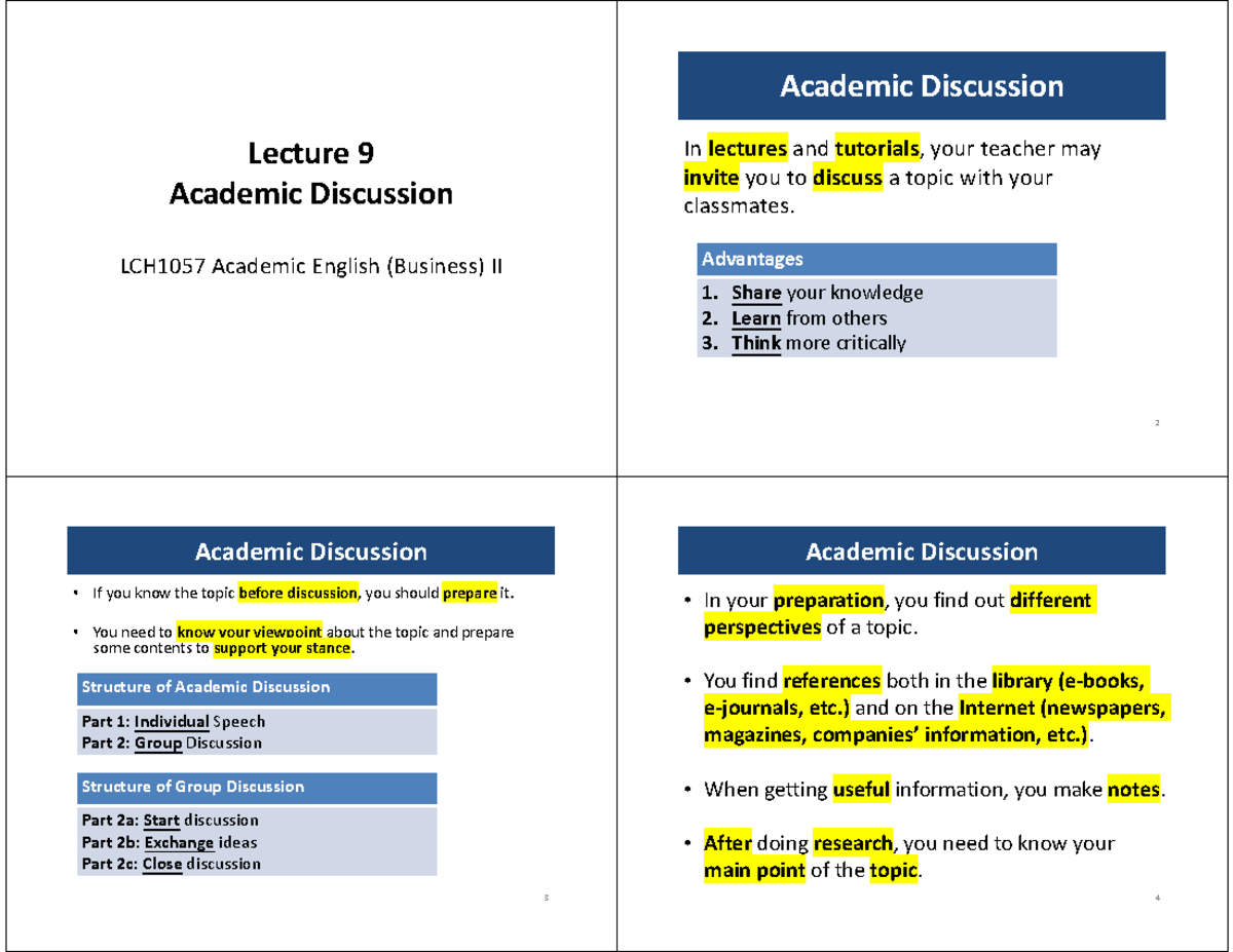 LCH1057 Lecture 9: Mastering Academic Discussion Techniques - Studocu