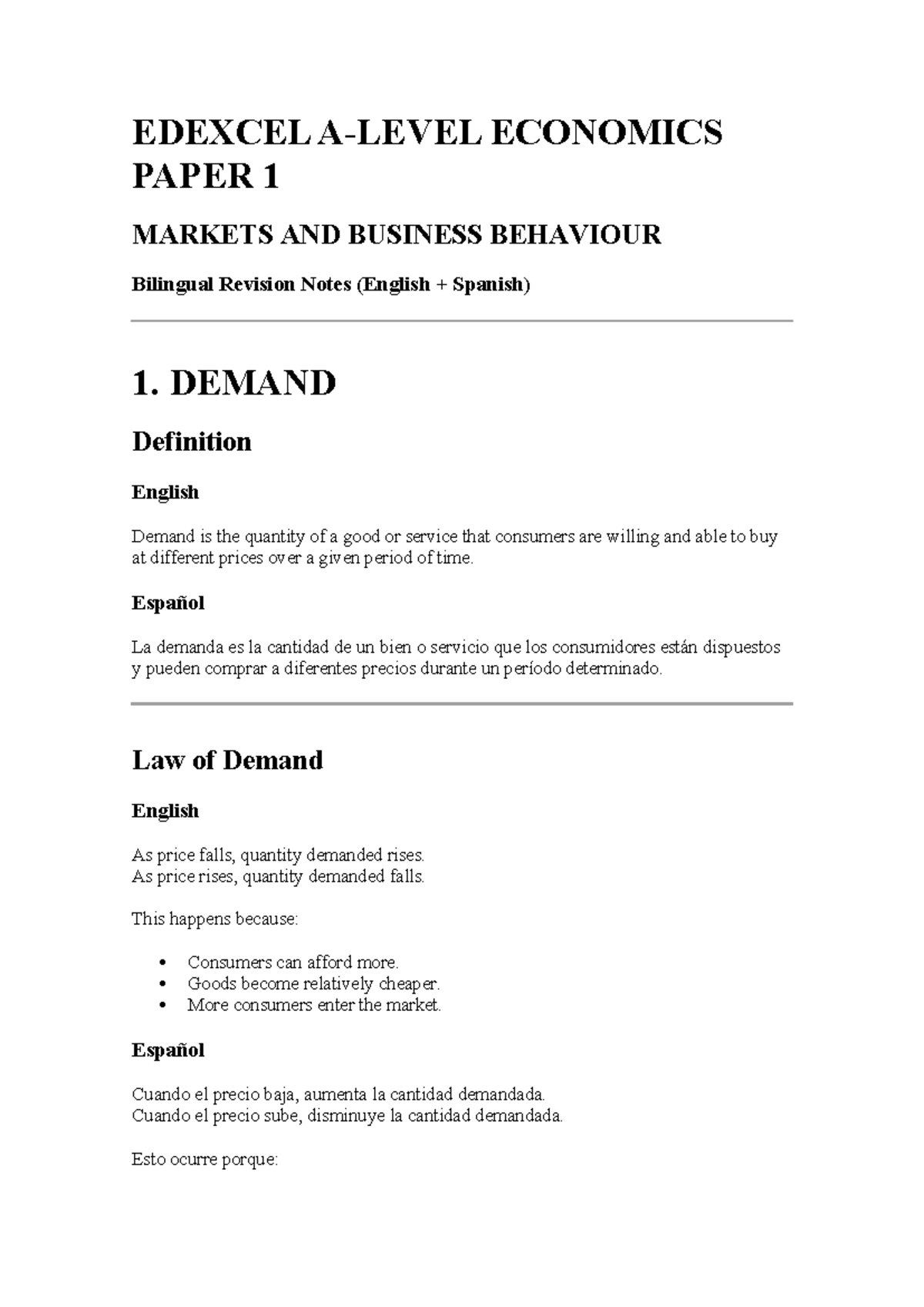 EDEXCEL ECONOMICS PAPER 1: MARKETS & BUSINESS BEHAVIOUR Revision Notes ...