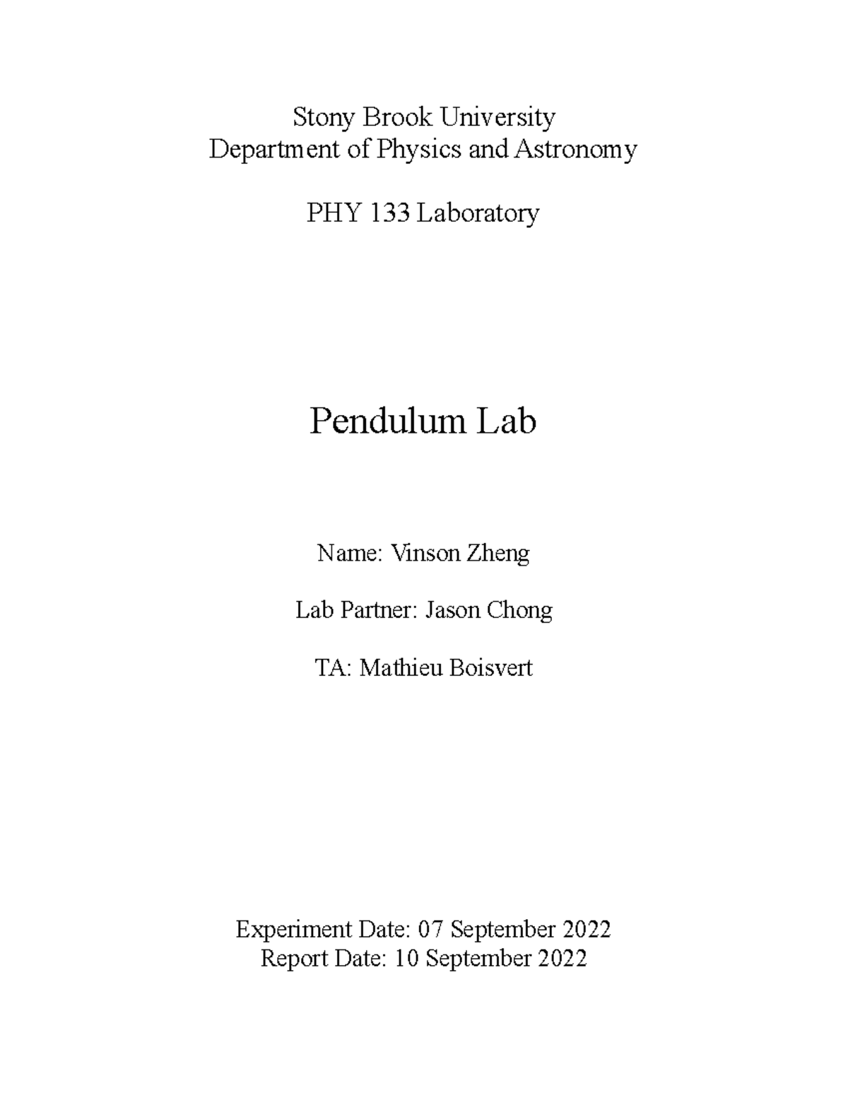 Pendulum Lab Report - Stony Brook University Department of Physics and ...