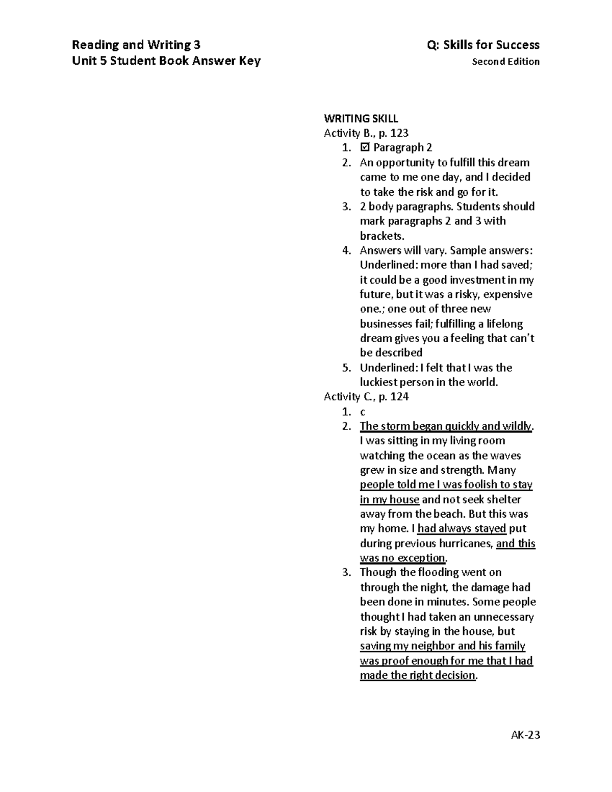 Unit 5 Answer Key for Writing - Q: Skills for Success 5 - Studocu