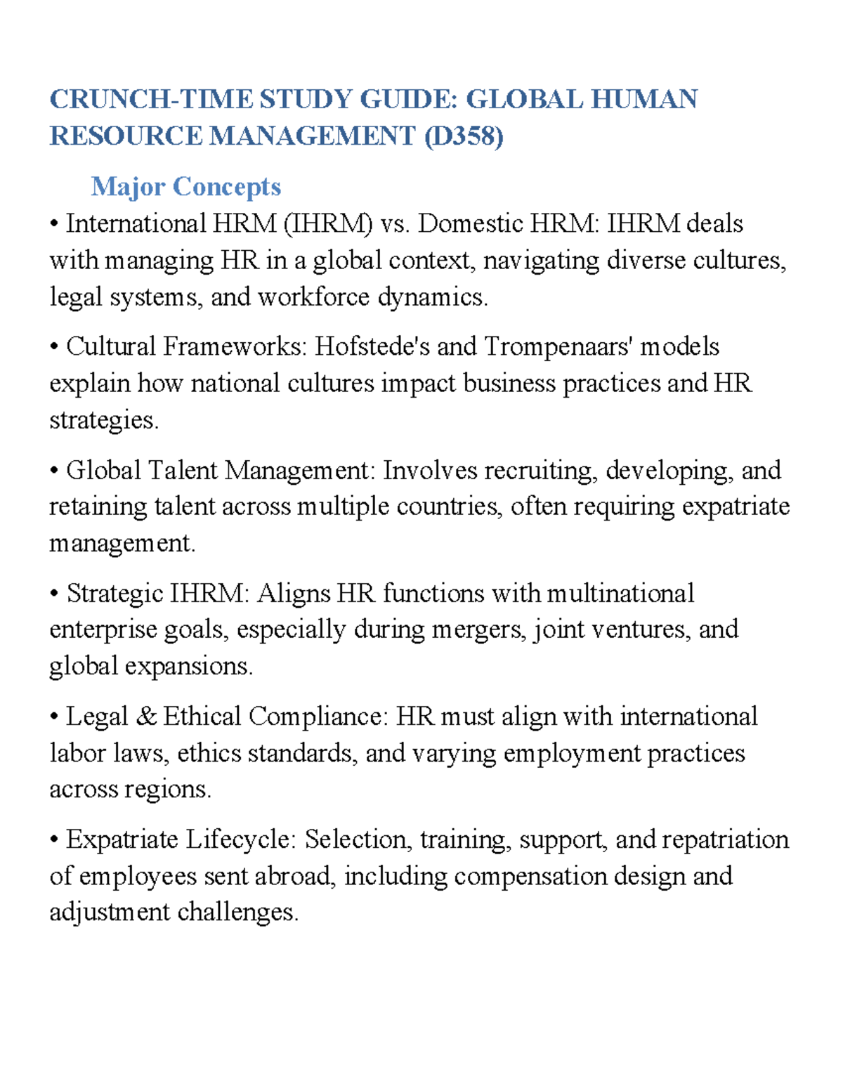 Global HRM Study Guide: Key Concepts & Terminology (D358) - Studocu