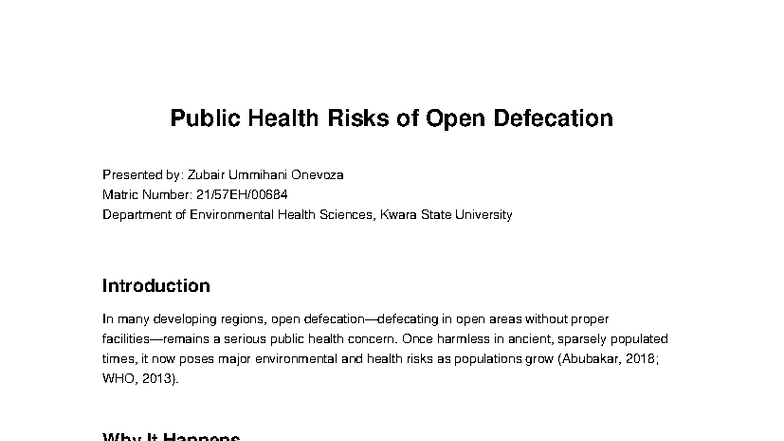 Public Health Risks of Open Defecation: Oral Presentation Notes - Studocu