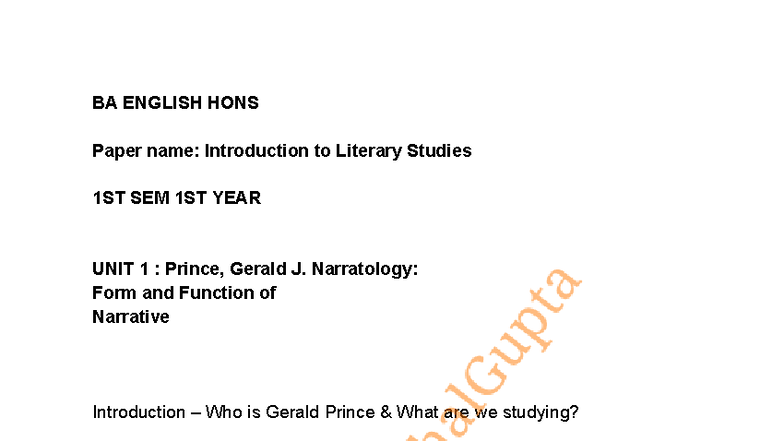 BA ENGLISH HONS: Intro to Literary Studies - Gerald Prince Notes - Studocu