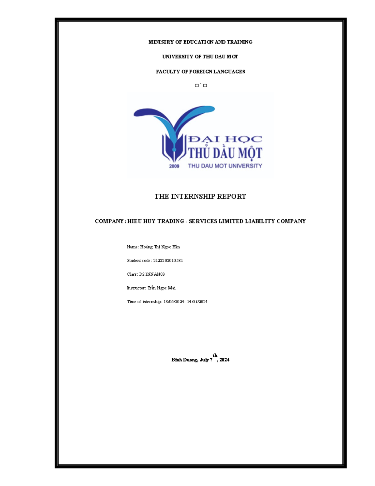 Internship Report D21NNAN03: Reflective Writing at Hieu Huy Trading ...