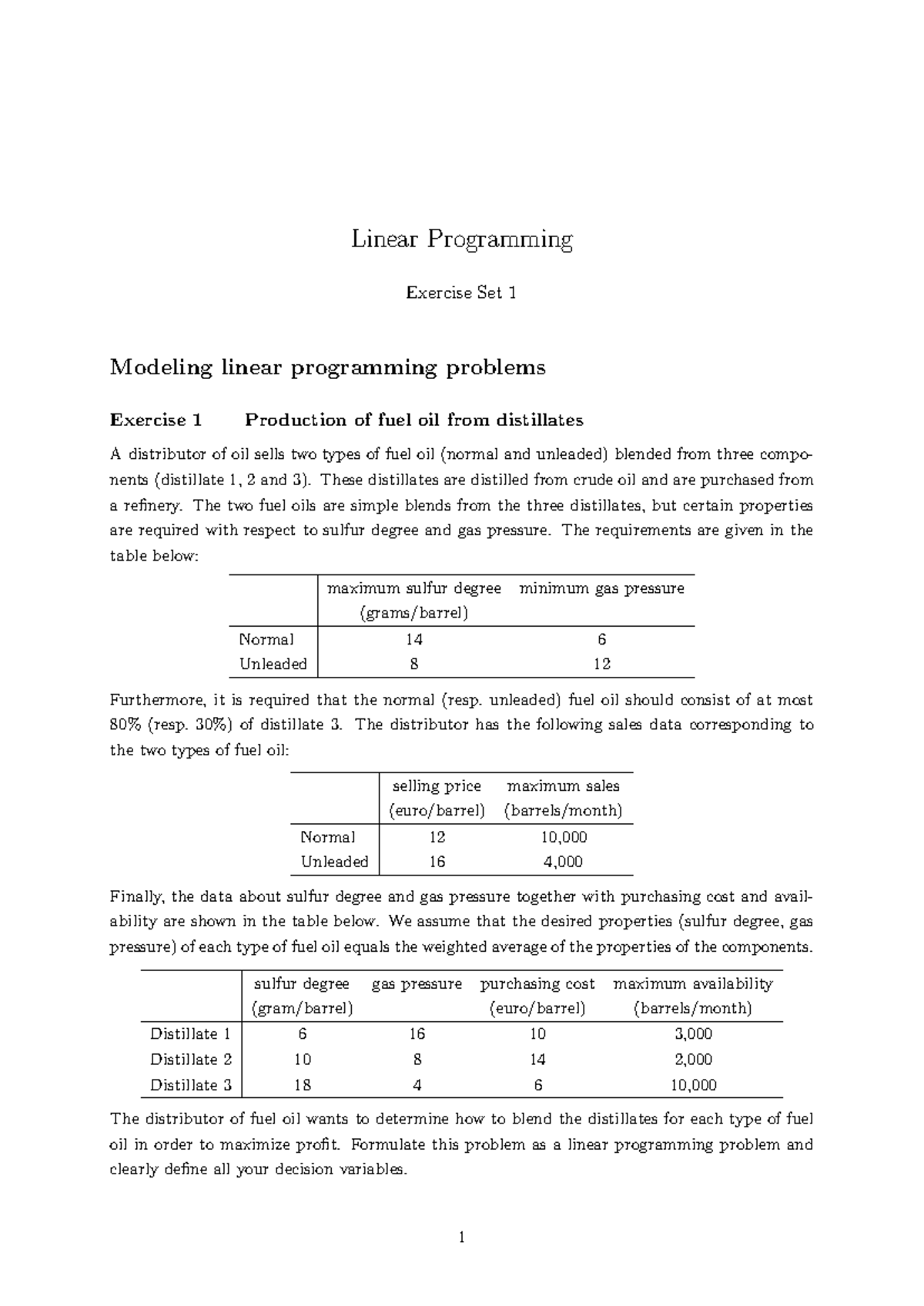 Homework Set 1 qst and sol - Linear Programming Exercise Set 1 Modeling ...