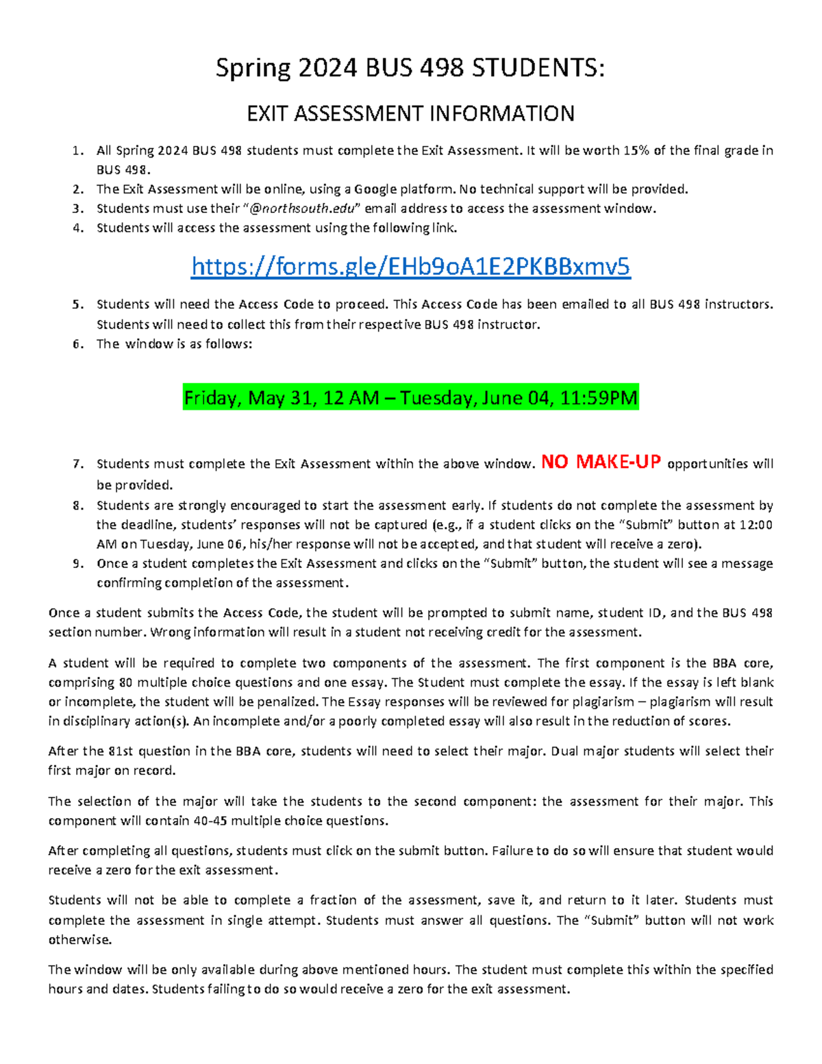 Spring 2024 BUS 498 Exit Assessment Guidelines and Requirements - Studocu