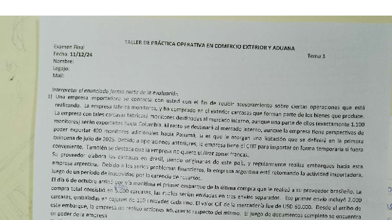 TALLER DE PRÁCTICA OPERATIVA EN COMERCIO EXTERIOR Y ADUANA Examen Final ...