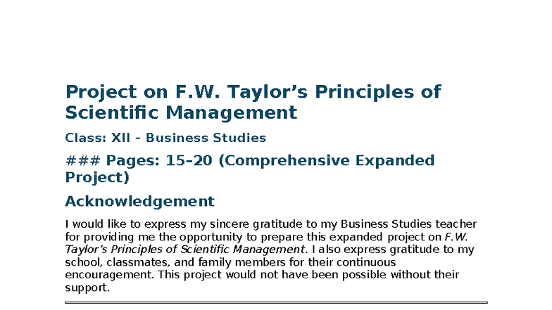 F.W. Taylor's Principles of Scientific Management Project - Class XII ...
