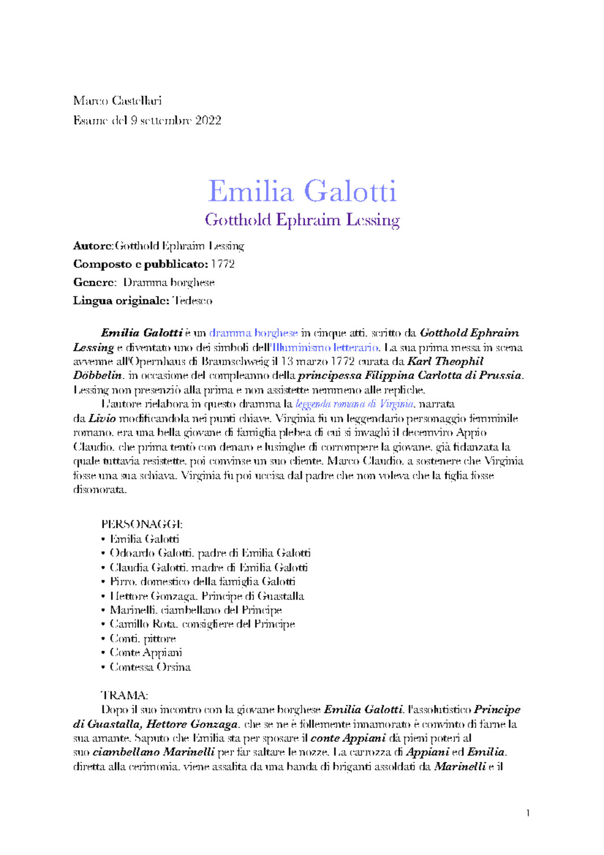 Emilia Galotti - G.E. Lessing - Marco Castellari Esame del 9 settembre ...