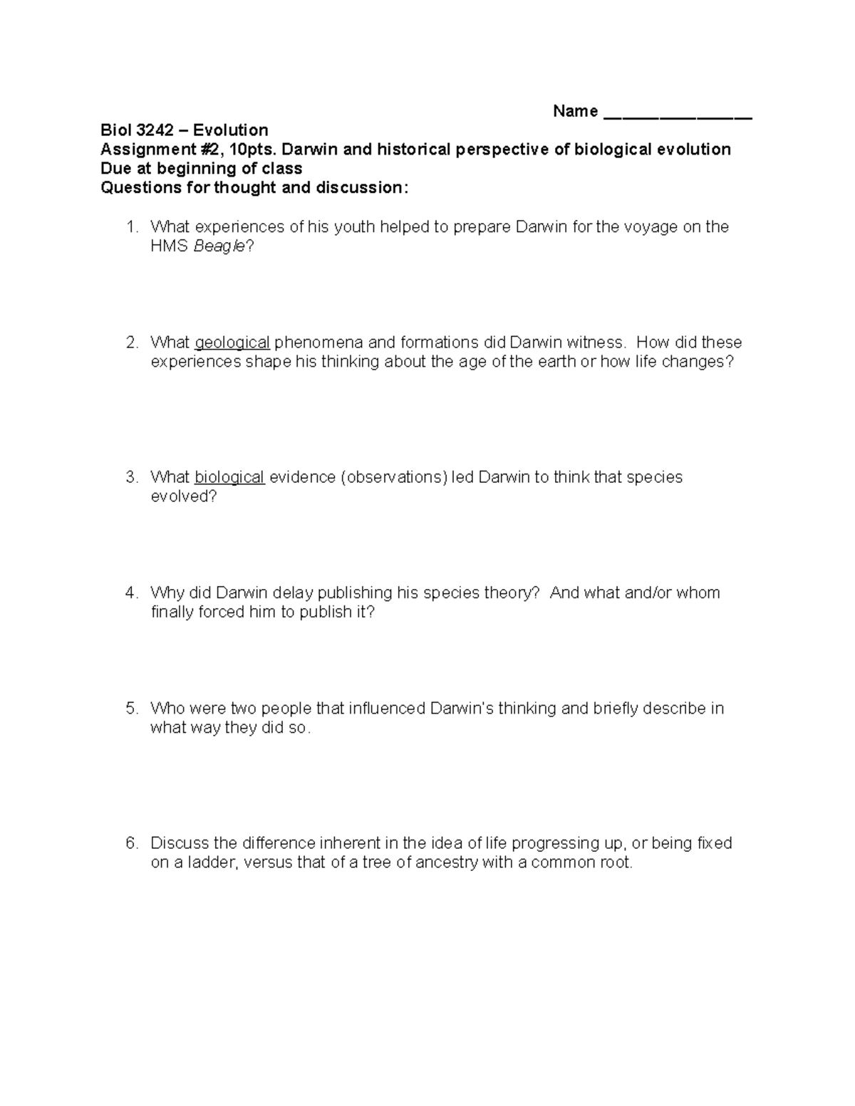 Darwin questions - Name ________________ Biol 3242 – Evolution ...