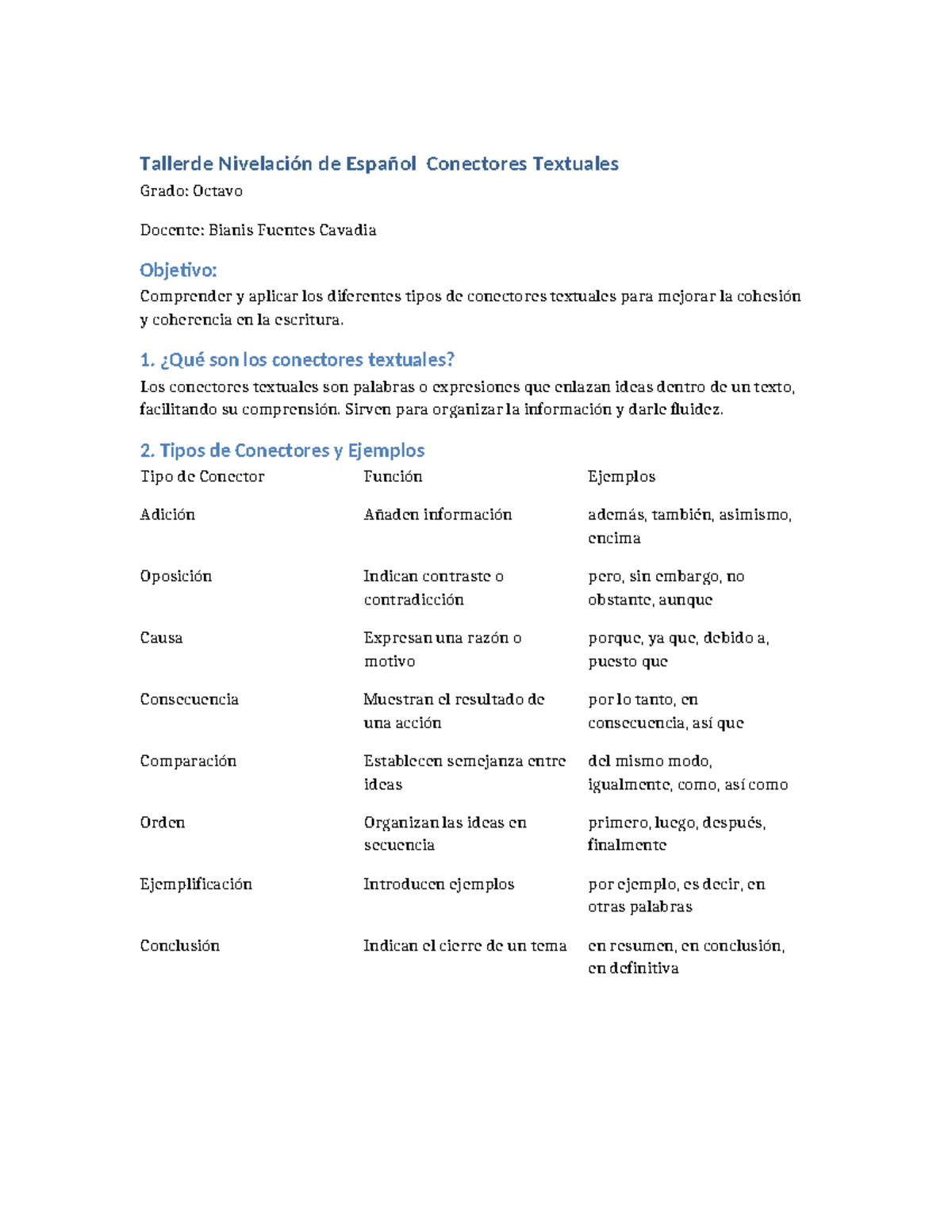 Guía de Conectores Textuales para Grado 8 - Studocu