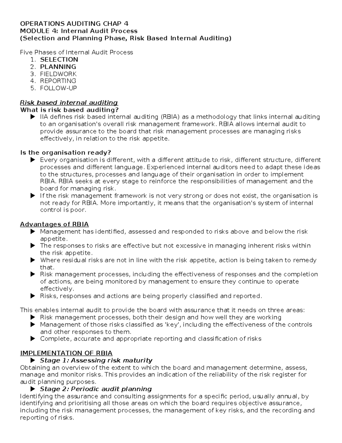 Operations Auditing CHAP 4: Internal Audit Process & RBIA - Studocu