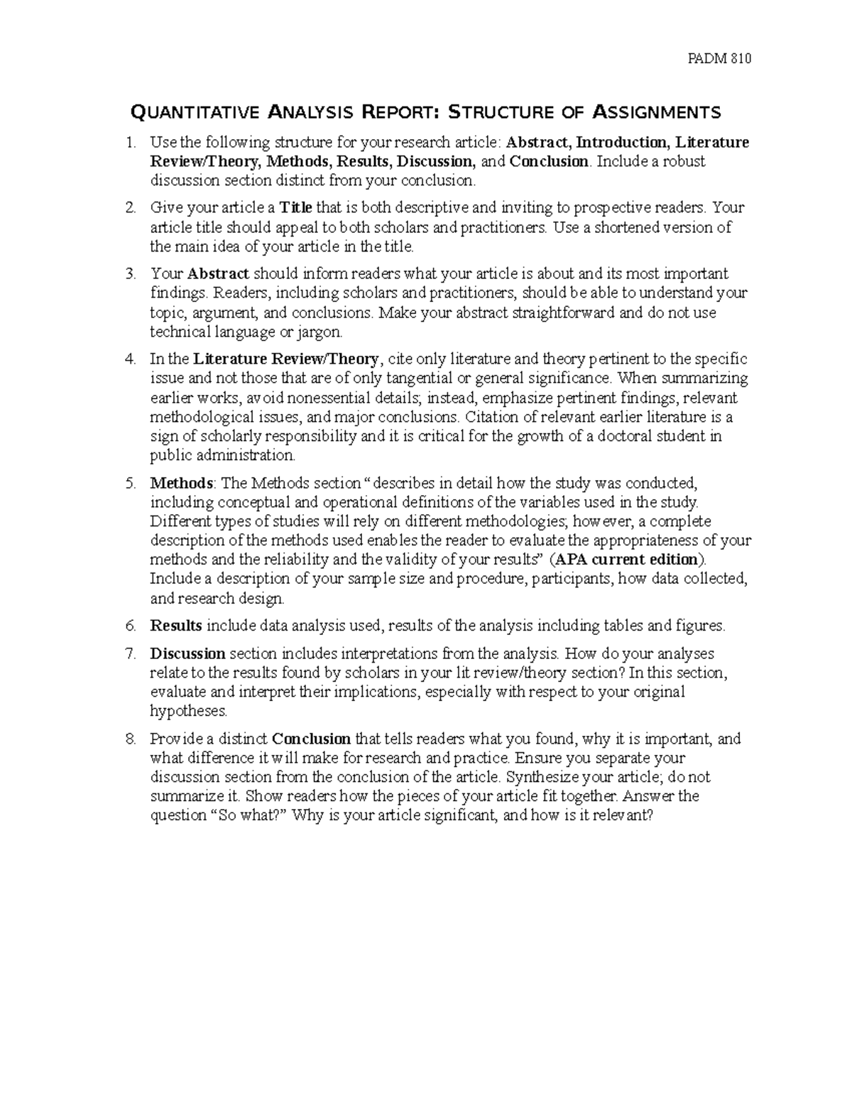 PADM 810 Quantitative Analysis Report Assignment Structure Guide - Studocu