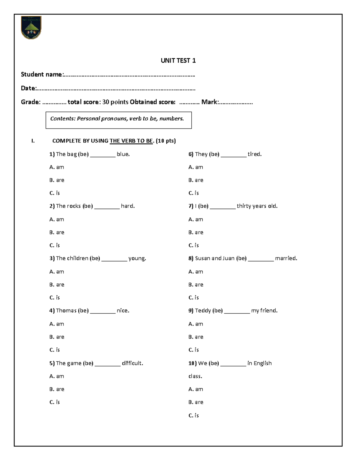UNIT TEST 1: English Evaluation for 8th Grade - 27/04 - Studocu