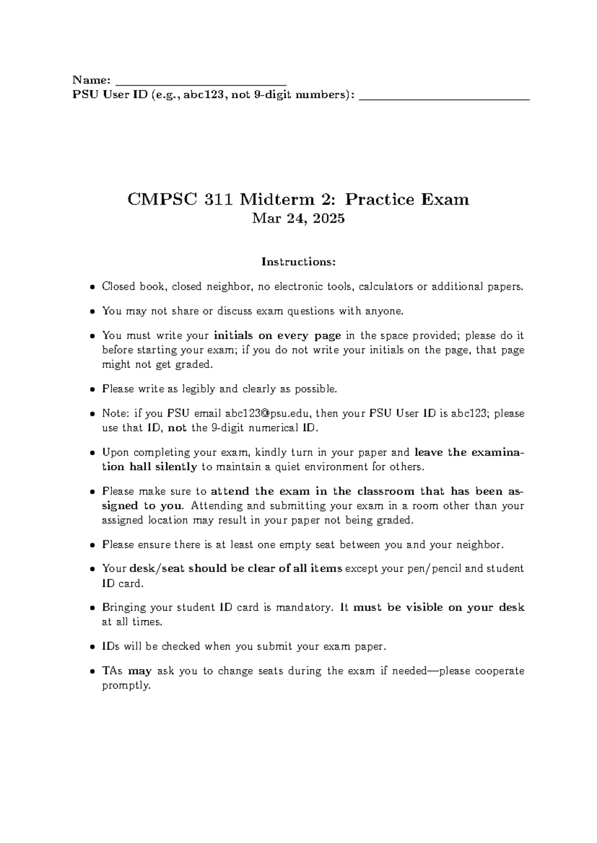 CMPSC 311 Midterm 2: Practice Exam with Solutions (2025) - Name: PSU ...
