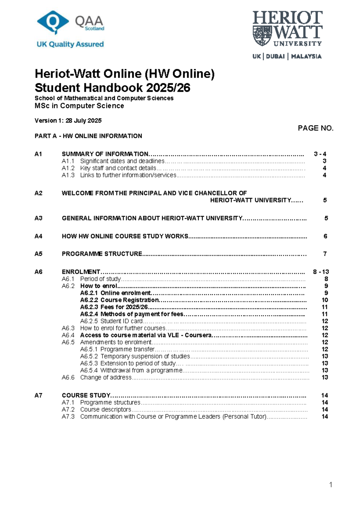 HWOL MACS MSc Computer Science Student Handbook - Version 1 (2025 ...