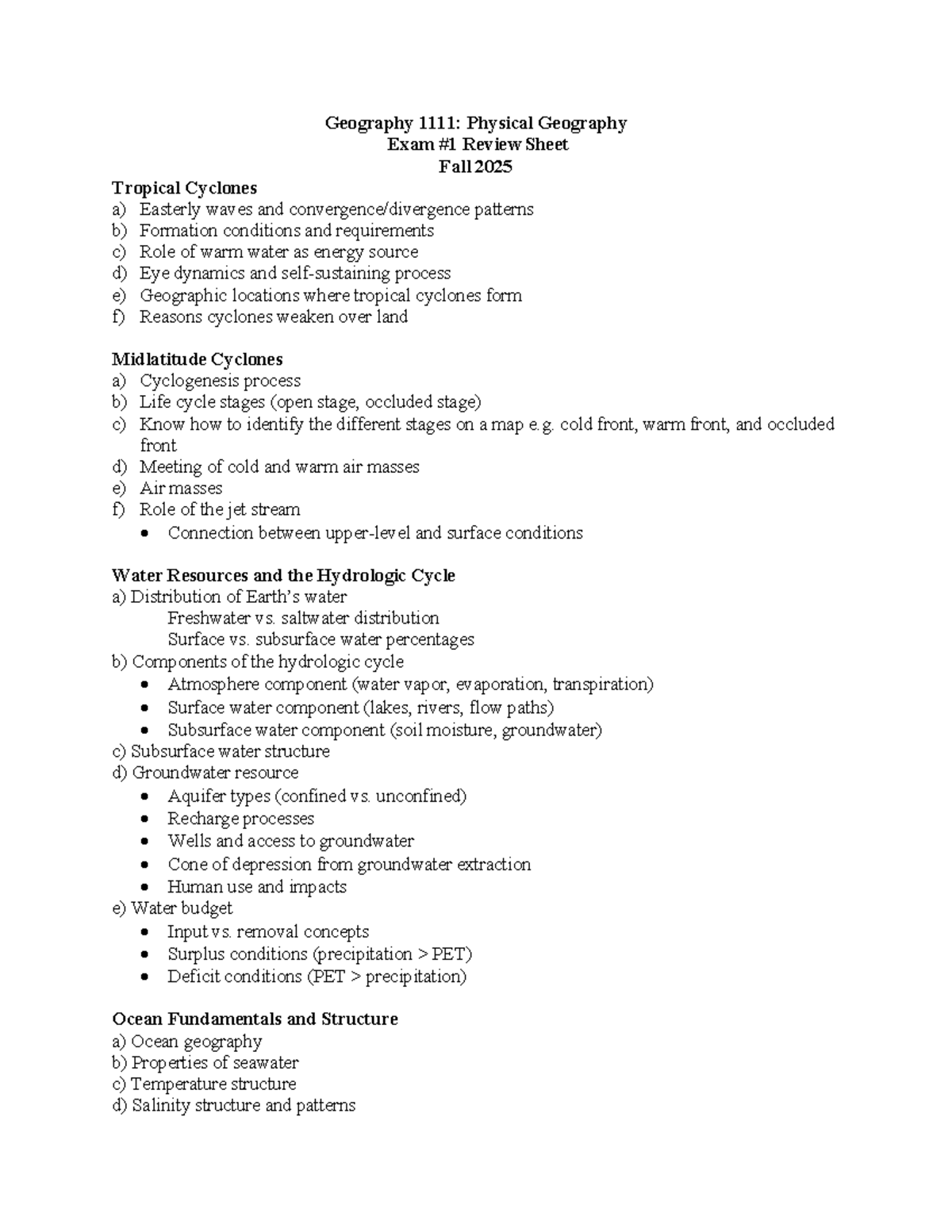 Geography 1111: Physical Geography Exam #1 Review Sheet - Fall 2025 ...