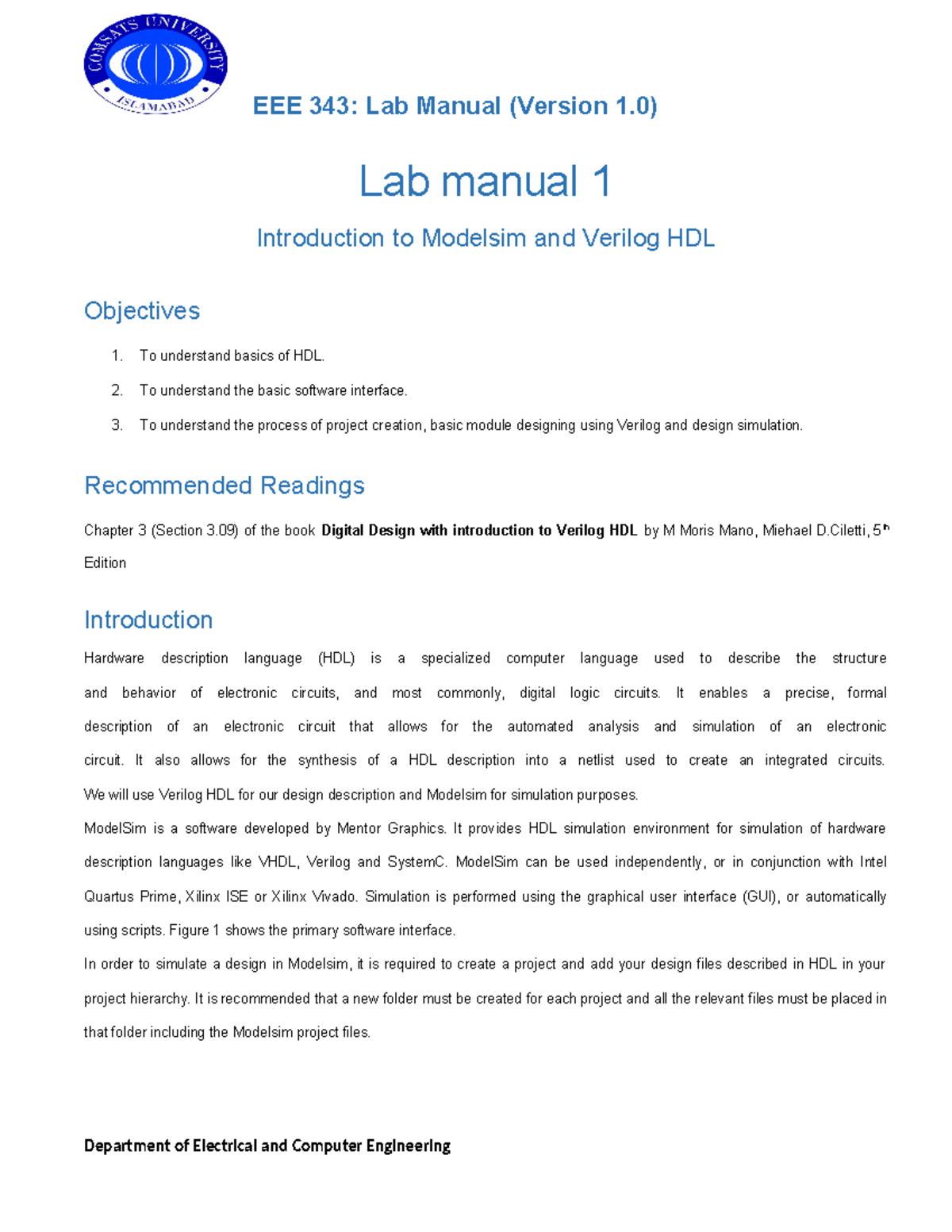Lab manual 1 - To understand basics of HDL. 2. To understand the basic software interface. 3. To ...